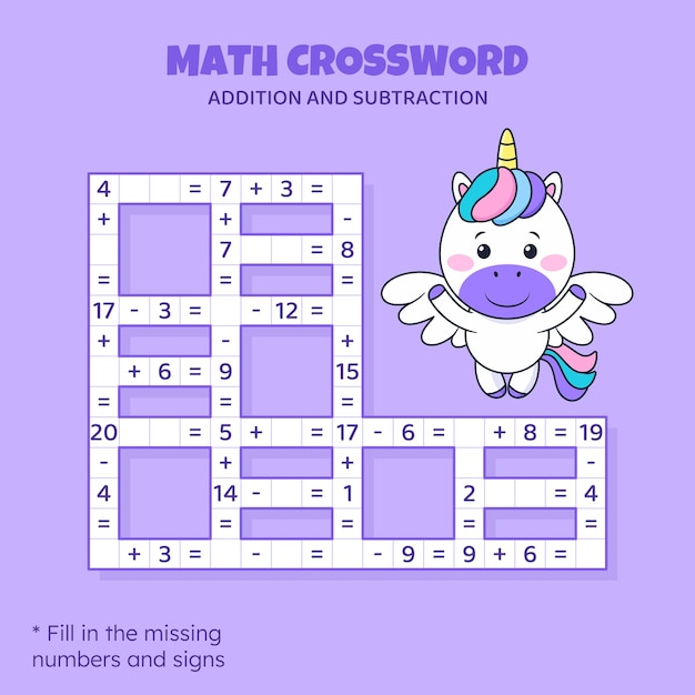 Colorful Unicorn Math Crossword Puzzle for Addition and Subtraction ...
