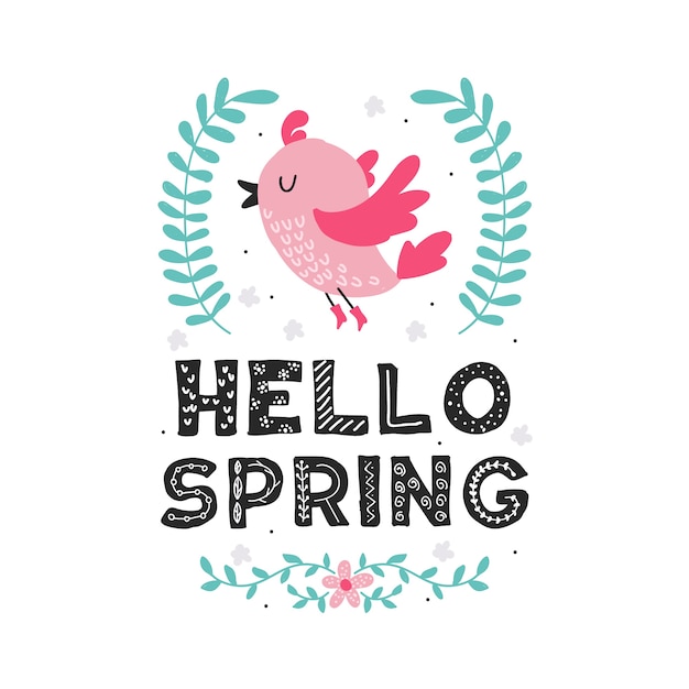 Vibrant Spring Bird Illustration with 'Hello Spring' Text | Jiffy Designs