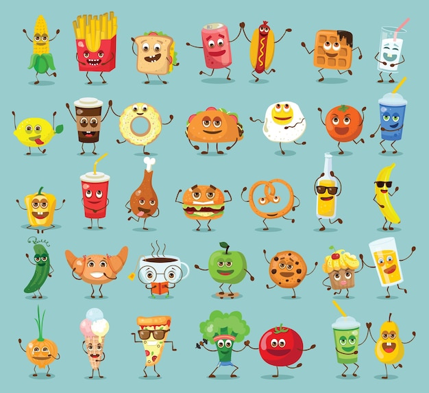 Vibrant Collection of Cheerful Cartoon Food and Beverage Characters ...