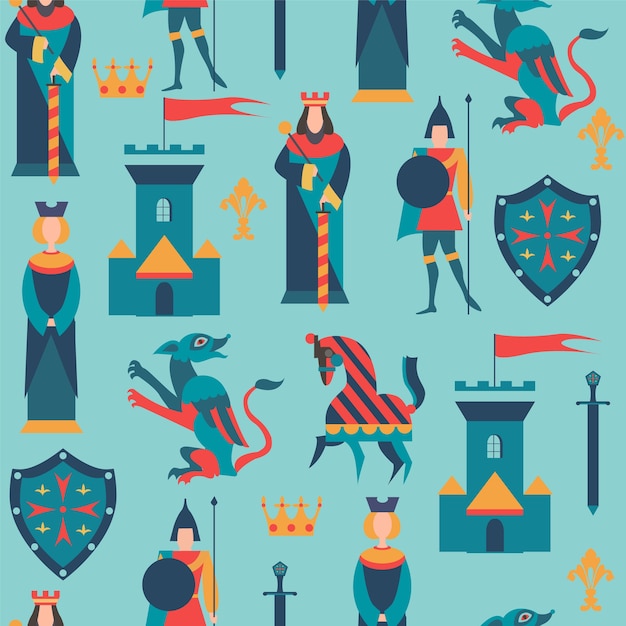Whimsical Medieval Fantasy Figures and Symbols on Teal Background ...