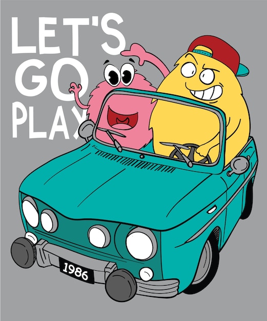 Playful Cartoon Characters Cruise in Retro Car | Jiffy Designs