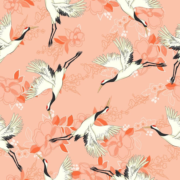 Graceful Cranes Soaring Amidst Vibrant Floral Motifs | Jiffy Designs