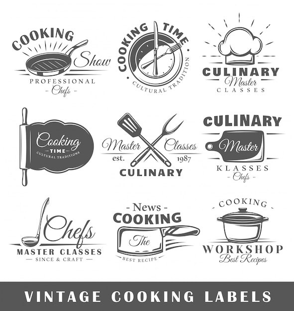 Vintage Cooking Labels with Utensils, Clocks, and Culinary Motifs ...