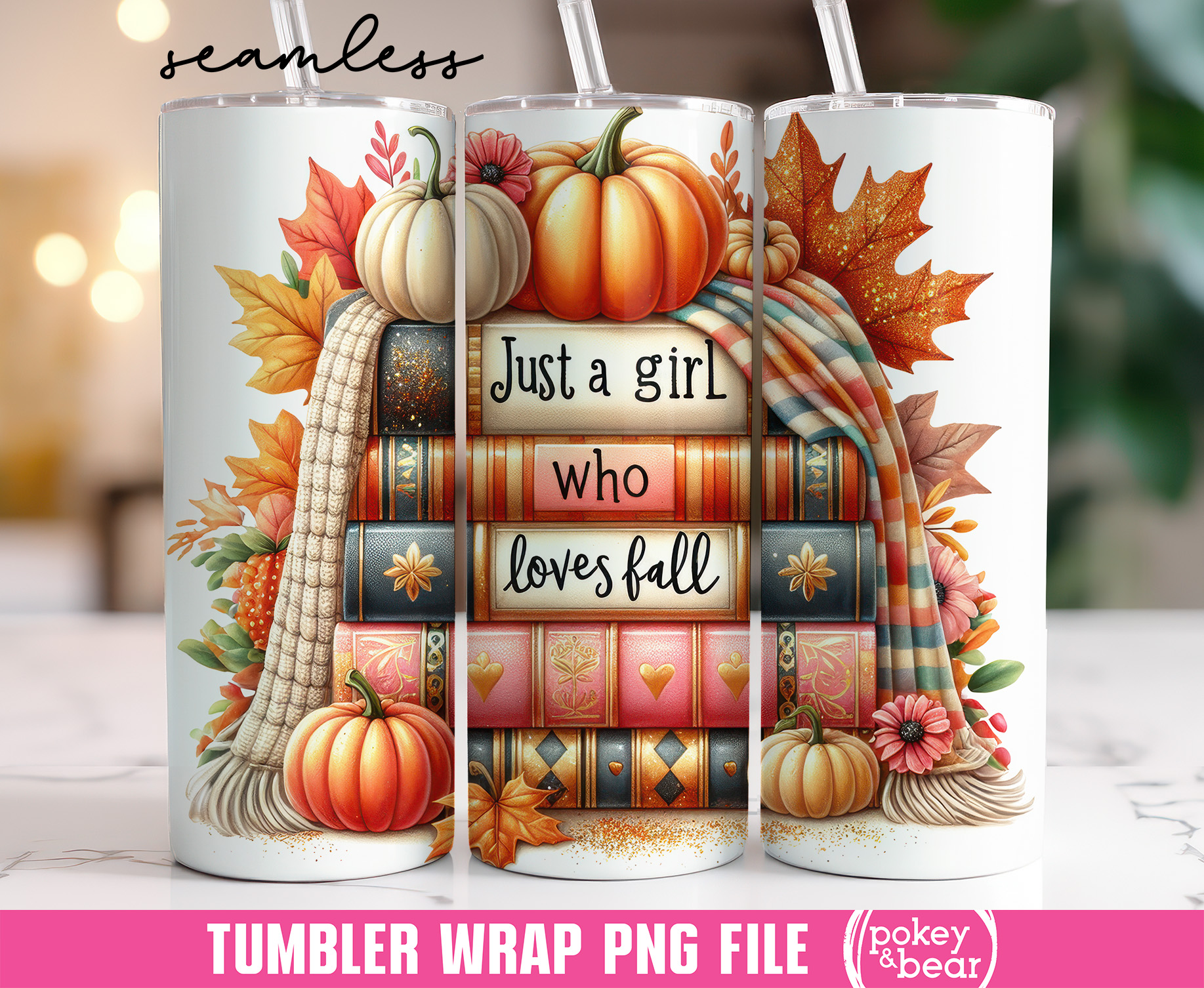 'Just a Girl Who Loves Fall' Autumn-Themed Book Stack with Pumpkins and ...