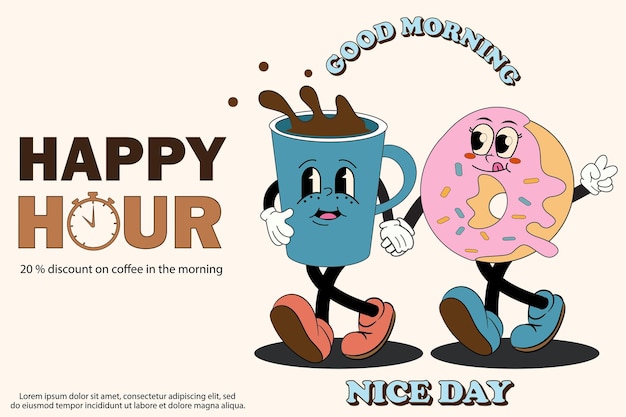 Cheerful Coffee Cup and Donut Celebrate Happy Hour in the Morning ...