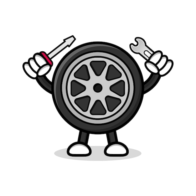 Animated Tire Character Holding Wrenches in Cartoon Style | Jiffy Designs