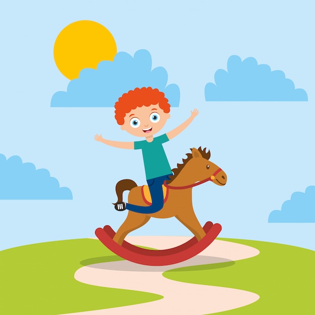 Joyful Child Riding Rocking Horse in Sunny Meadow | Jiffy Designs