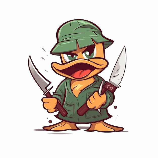 Fierce Cartoon Duck Soldier Wielding Knives in Combat Gear | Jiffy Designs