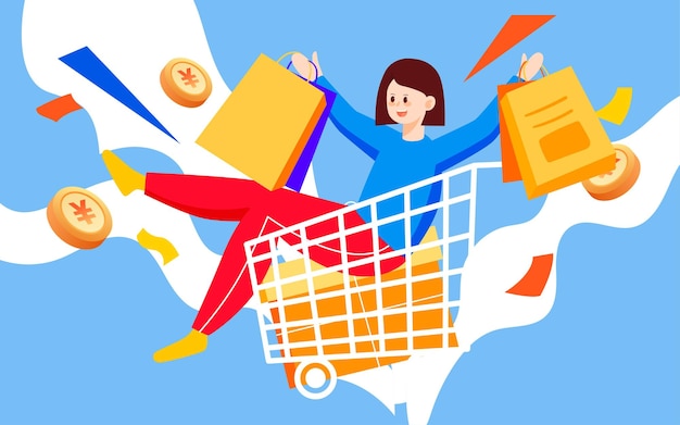 Joyful Shopping Spree with Overflowing Cart and Vibrant Accents | Jiffy ...