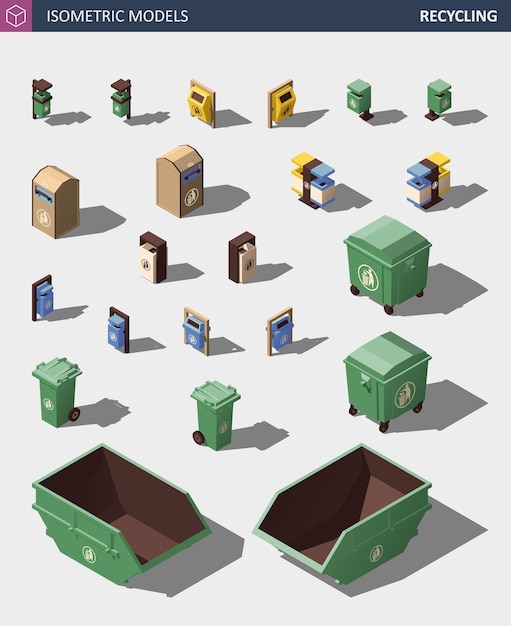 Diverse Recycling Collection: Isometric Bin, Container, and Packaging ...
