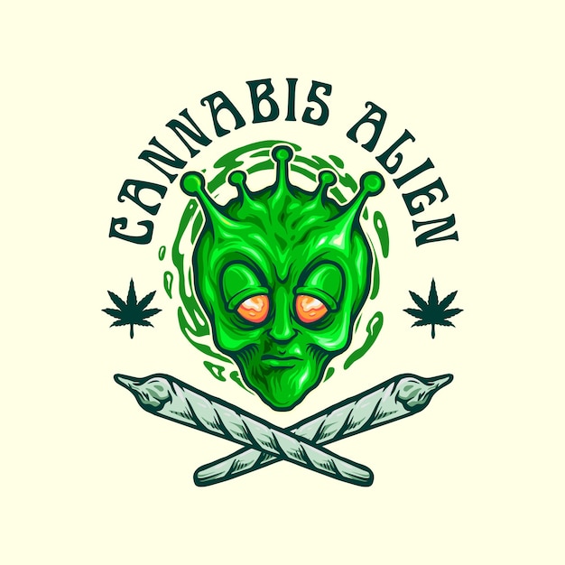 Vibrant Green Alien Head with Cannabis Leaves and Joints | Jiffy Designs