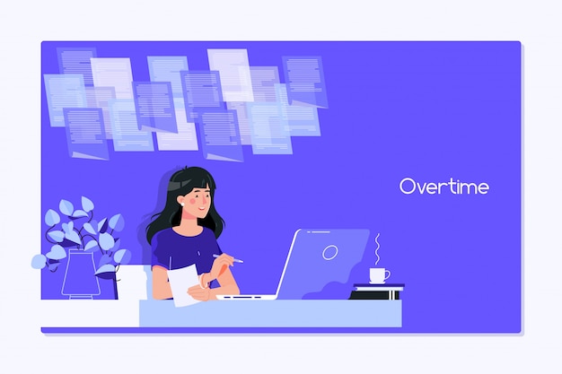 Woman Working Overtime on Laptop with Floating Boxes | Jiffy Designs