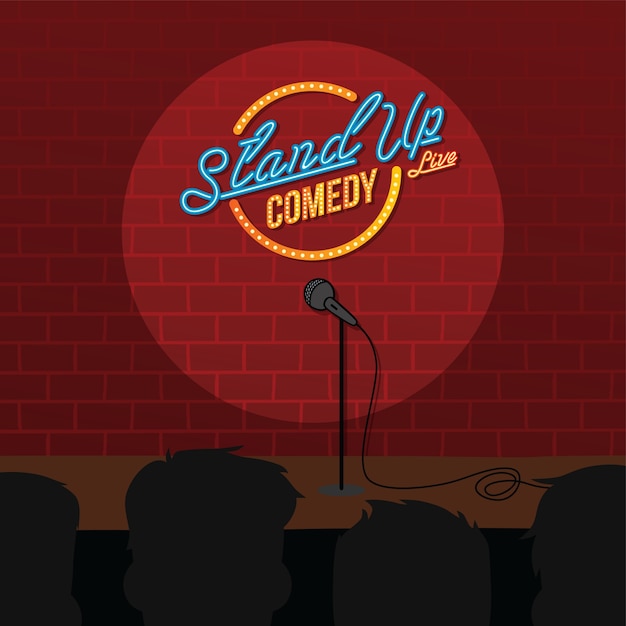 Vibrant Neon Comedy Club Stage with Audience Silhouettes | Jiffy Designs