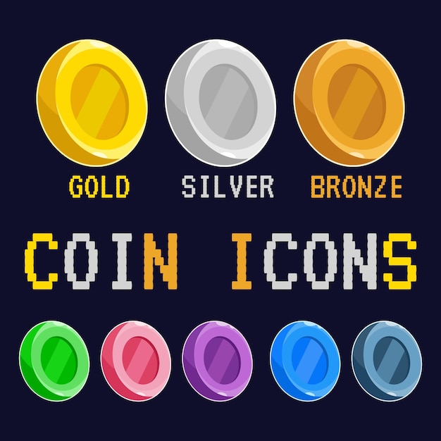 Vibrant Pixelated Coin Icons Collection with Gold, Silver, Bronze ...