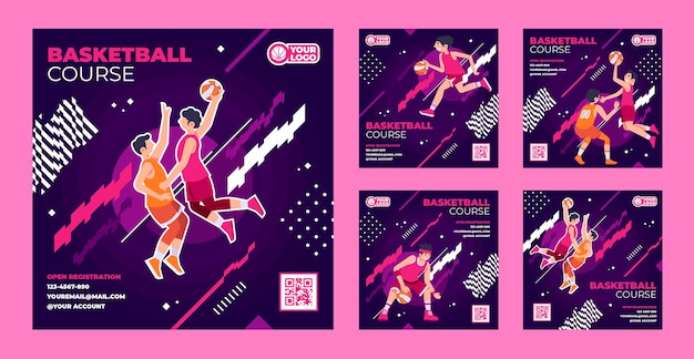 Vibrant Basketball Course Illustrations with Dynamic Player Poses ...