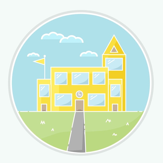 Vibrant Geometric School Building Illustration with Sunny Outdoor Scene ...