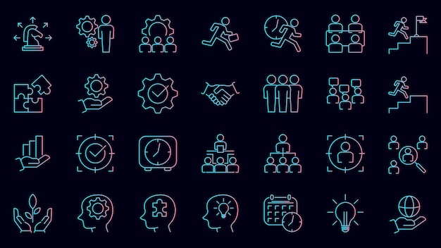 Vibrant Neon Business Icons Illuminating Teamwork, Innovation, and ...