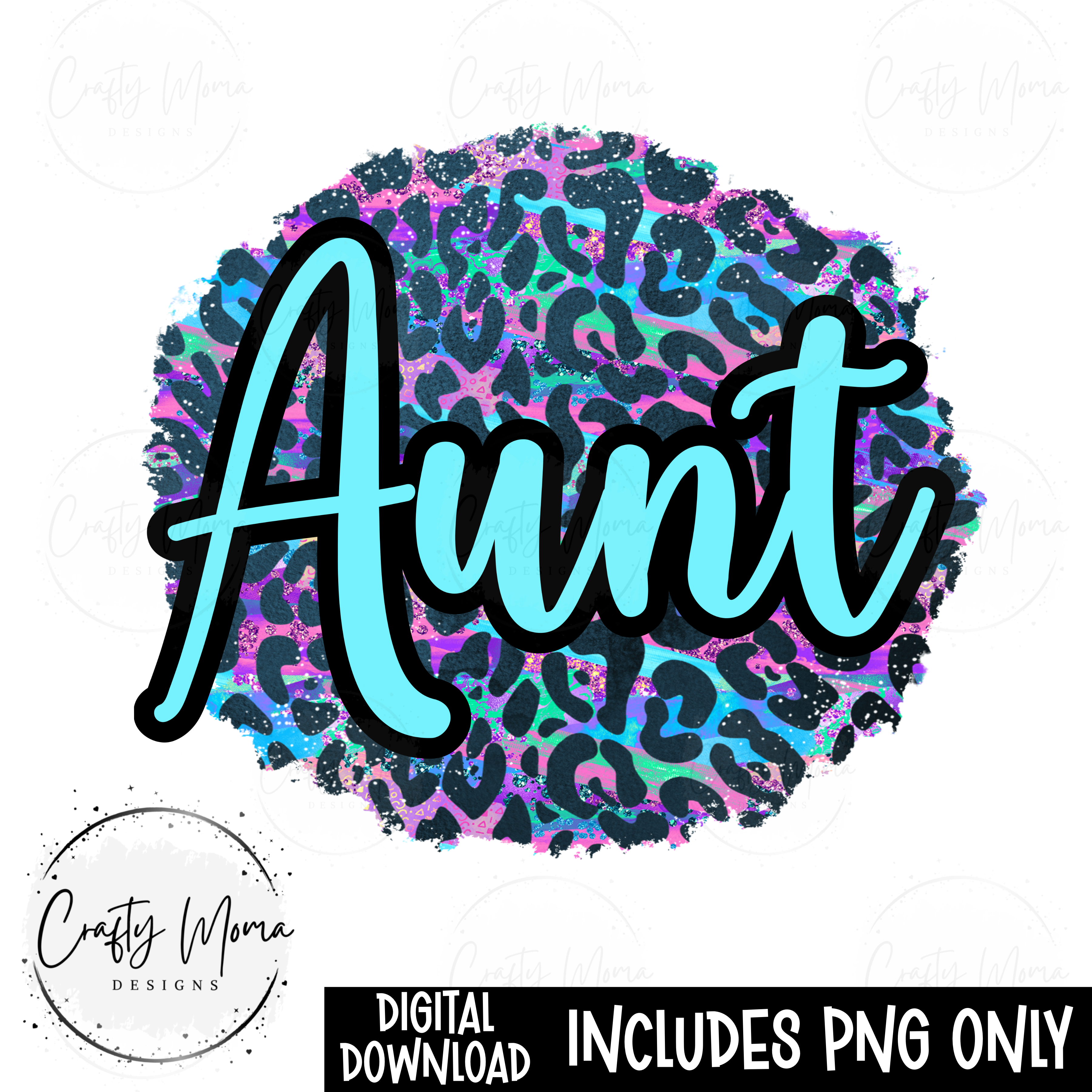 'Aunt' Vibrant Leopard Print Design with Teal Cursive Text | Jiffy Designs