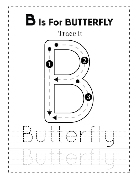 Elegant Butterfly Letter B Tracing Worksheet for Children | Jiffy Designs