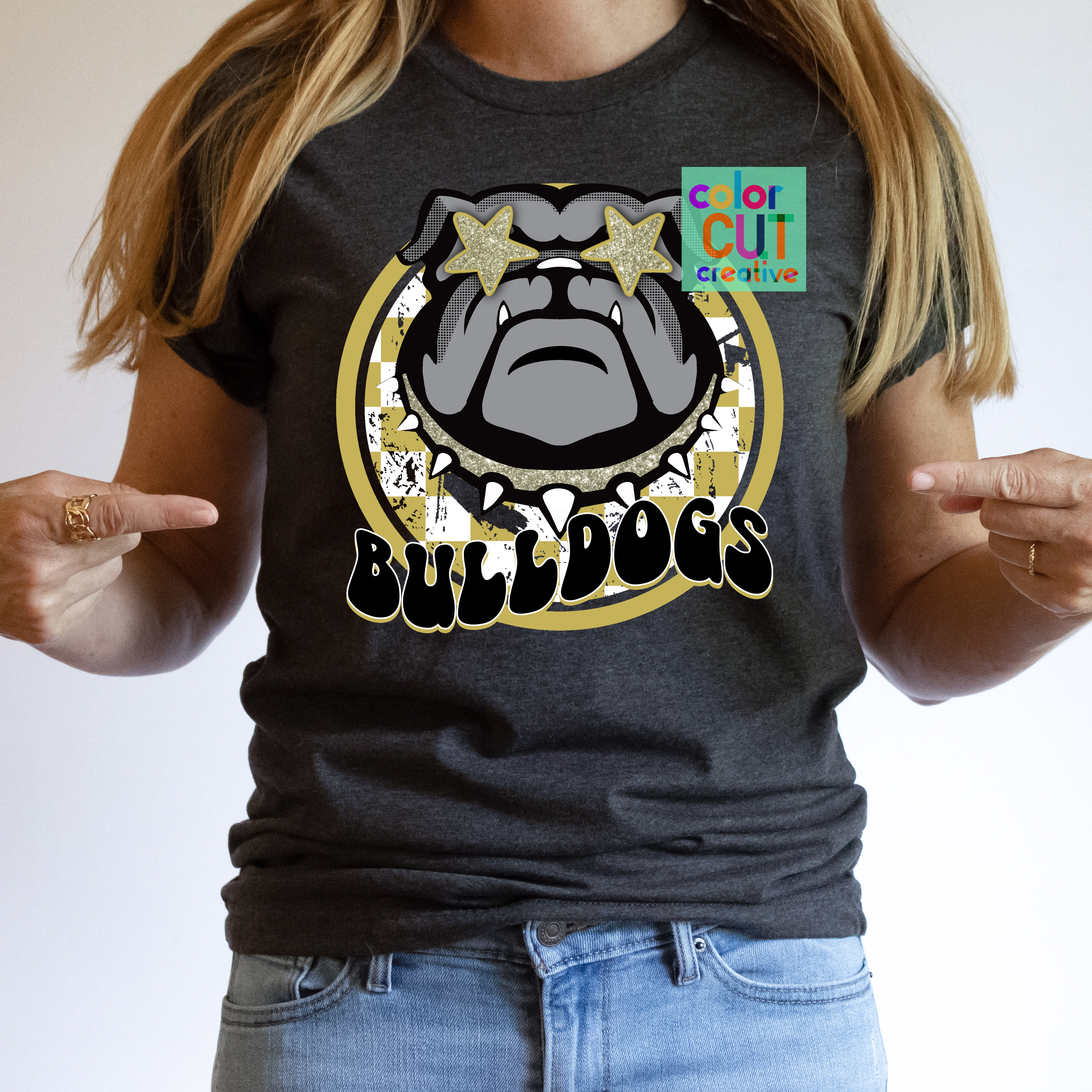 'Bulldogs' Fierce Canine Mascot with Glittering Star Eyes and Checkered ...