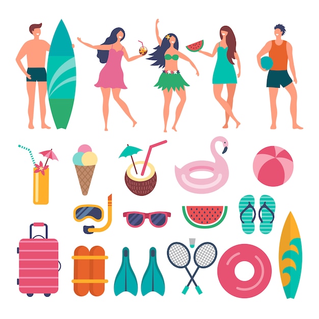 Vibrant Summer Beach Collection with Diverse People and Accessories ...