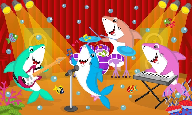 Colorful Shark Band Rocking Out on Stage with Instruments | Jiffy Designs