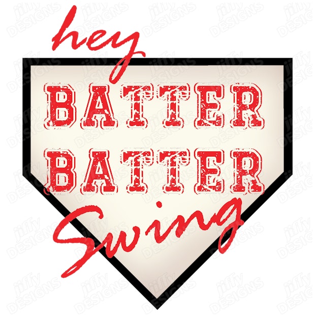 'Hey Batter Batter Swing' Stylized Home Plate Design with Bold Red ...