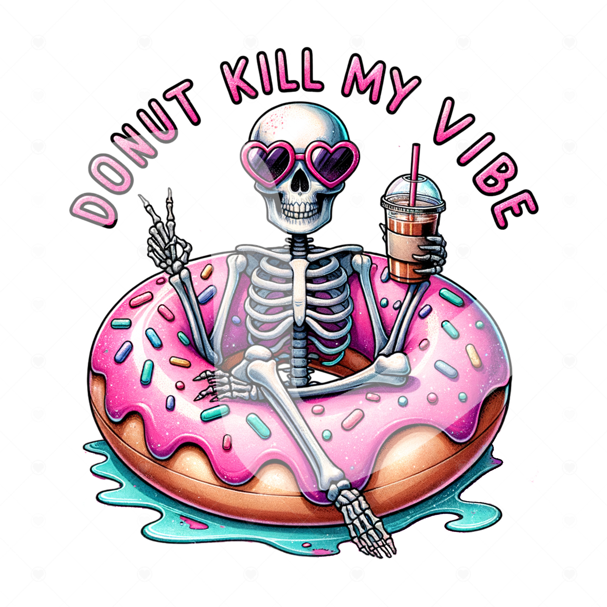 'Donut Kill My Vibe' Skeleton Lounging on Pink Frosted Treat | Jiffy ...