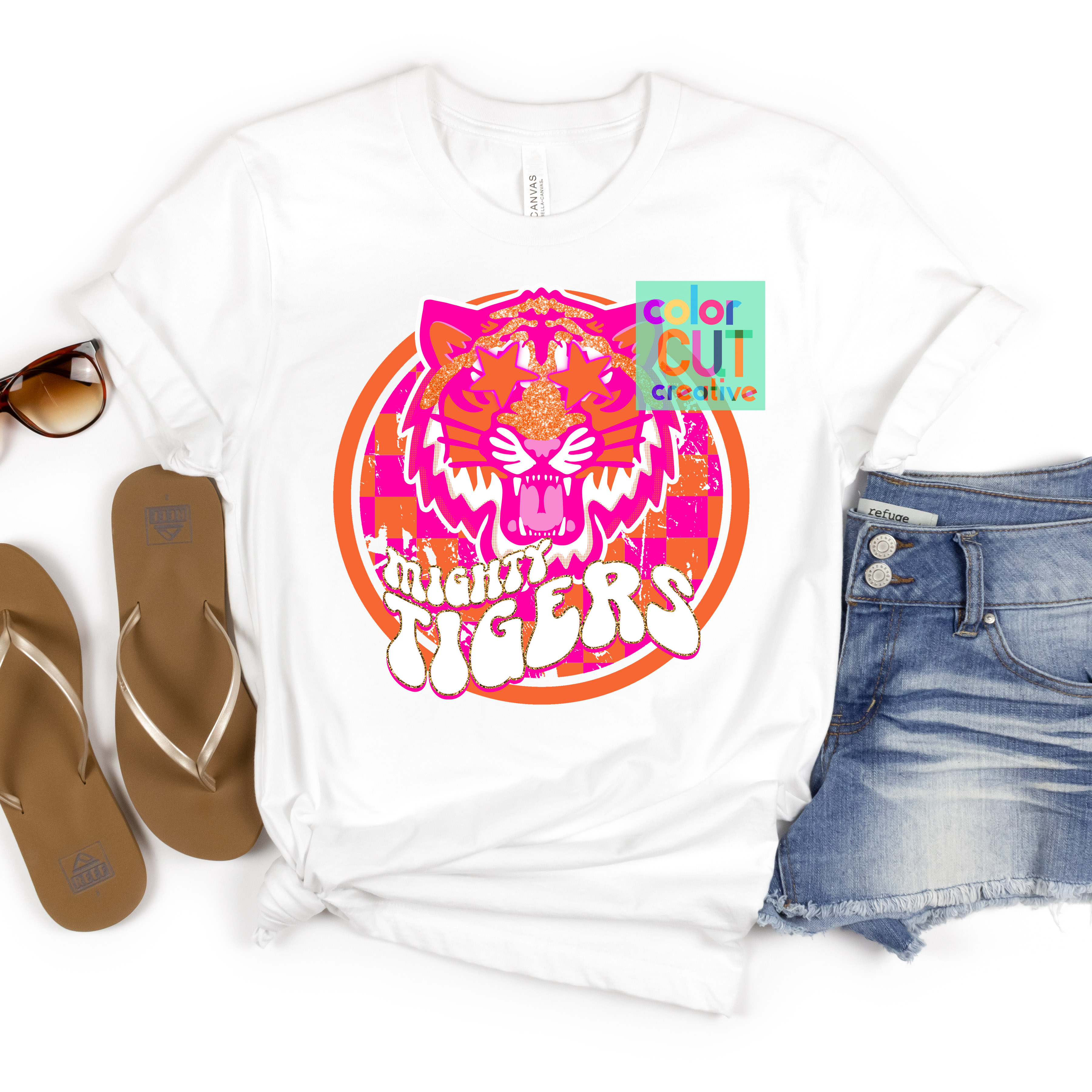 'Mighty Tigers' Fierce Feline Face in Vibrant Pink and Orange Circular ...
