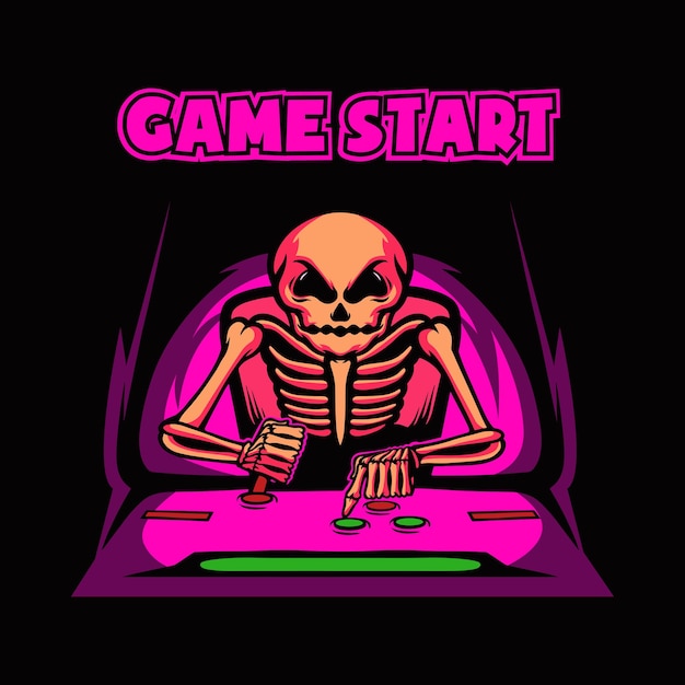Skeleton Gamer Strikes a Pose on Retro Gaming Screen | Jiffy Designs