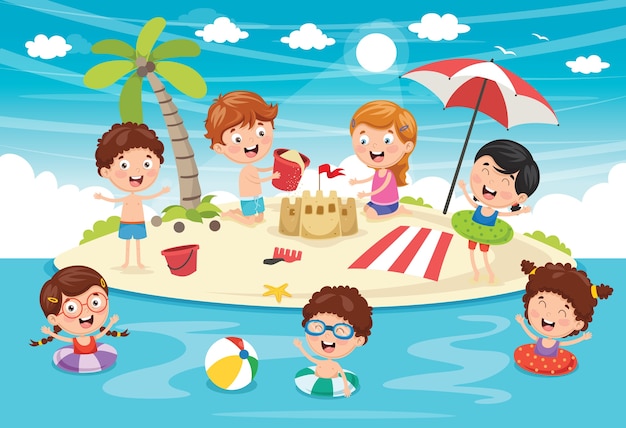 Kids Enjoying Summer Fun at the Beach Scene Illustration | Jiffy Designs