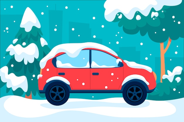 Cozy Red Compact Car in Snowy Winter Wonderland | Jiffy Designs