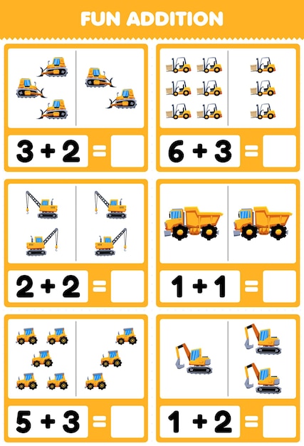 Colorful Construction Vehicles Addition Math Worksheet | Jiffy Designs