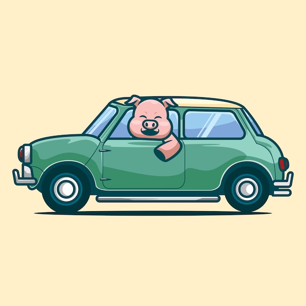 Cute Piglet Riding in Retro Green Car | Jiffy Designs