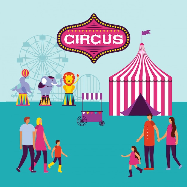 Vibrant Circus Spectacle with Retro Marquee and Lively Performers ...