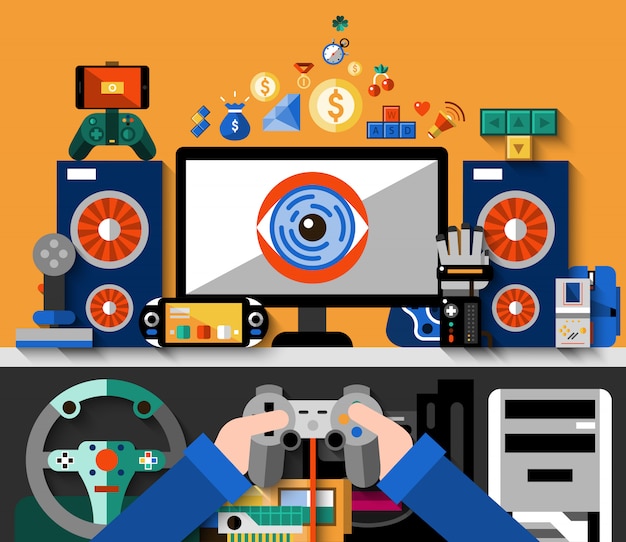 Vibrant Gaming Setup with Digital Currency and Accessories Illustration ...