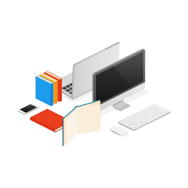 Isometric Desktop Setup with Colorful Books and Gadgets | Jiffy Designs
