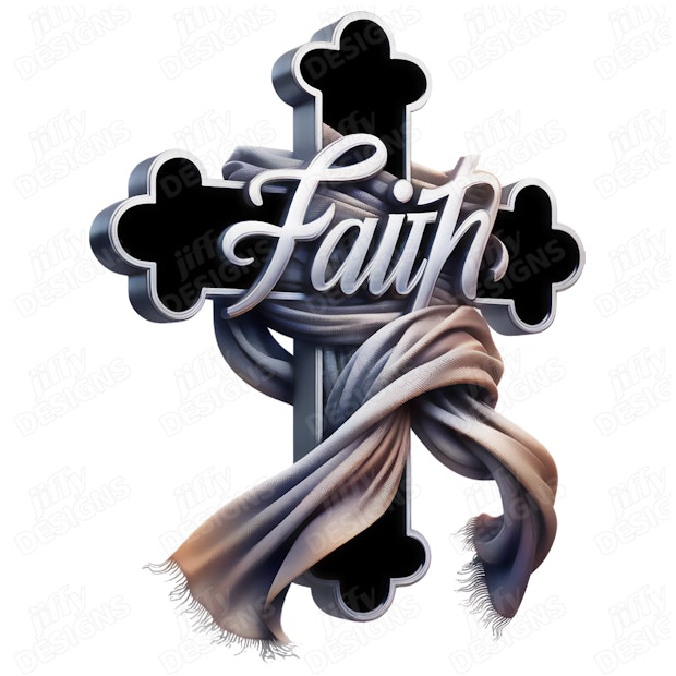 'Faith' Elegant Script on Ornate Cross with Flowing Fabric | Jiffy Designs
