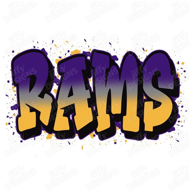 'Rams' Graffiti-Style Lettering with Vibrant Purple and Gold Gradient | Jiffy Designs