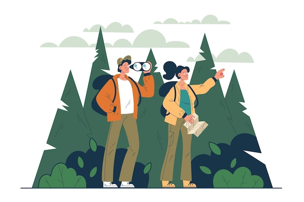 Animated Hikers with Map and Binoculars in Forest Setting | Jiffy Designs