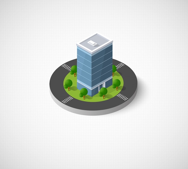Isometric 3D Office Building Illustration with Trees and Road | Jiffy Designs