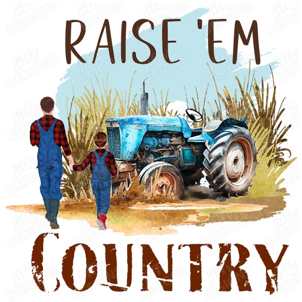 'Raise 'Em Country' Rustic Farm Scene with Tractor and Family | Jiffy ...