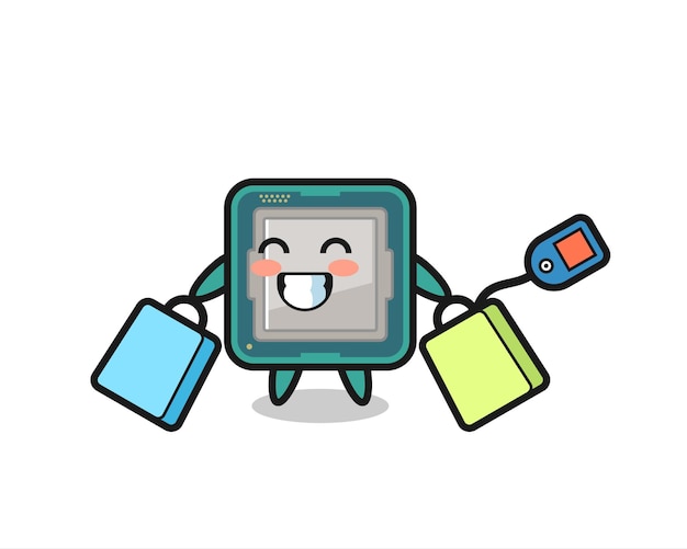Cheerful Computer Processor Mascot Holding Shopping Bags | Jiffy Designs