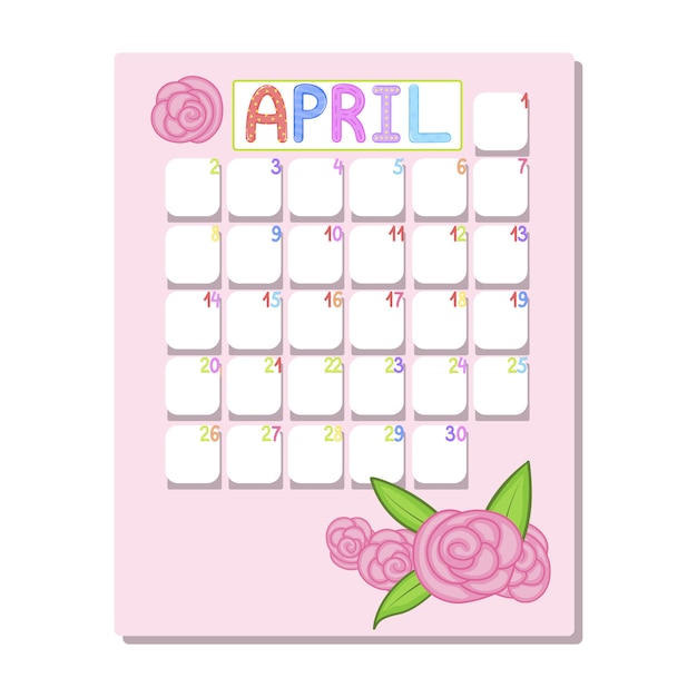 Whimsical April Calendar with Pink Roses and Leaf Accents | Jiffy Designs