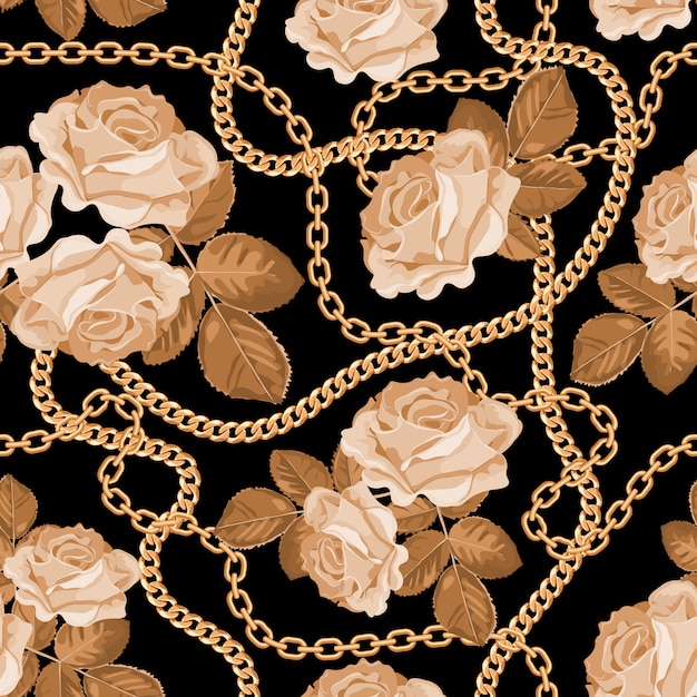 Elegant Rose Blooms with Golden Chains on Black Background | Jiffy Designs